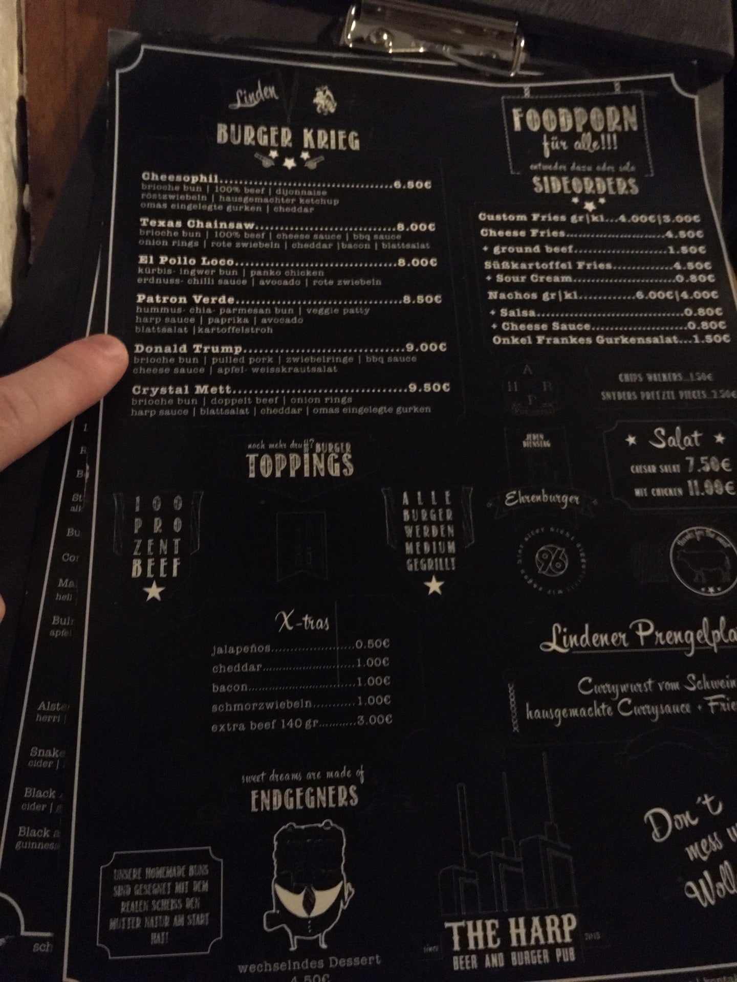 Speisekarte von The Harp in Hannover mit Preisen